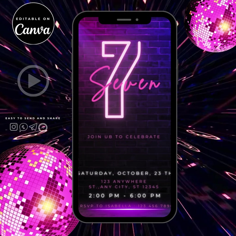 7th Birthday Animated Video Invitation, Digital Birthday Invite, Neon ...