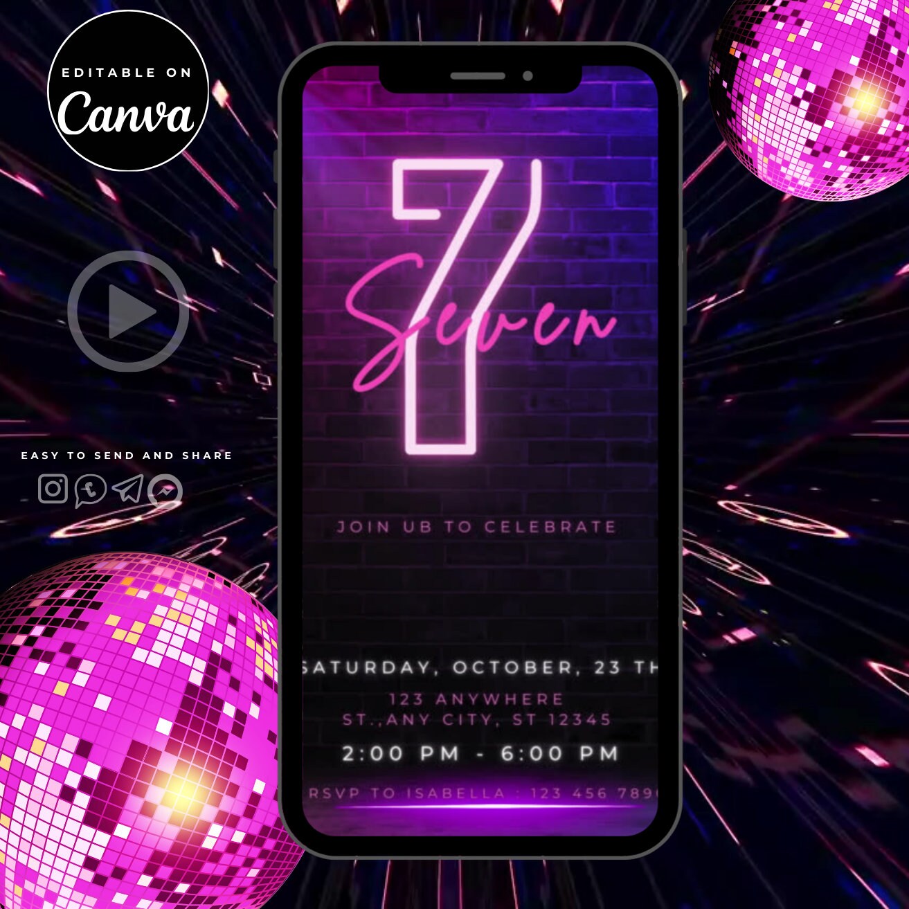 7th Birthday Animated Video Invitation, Digital Birthday Invite, Neon ...