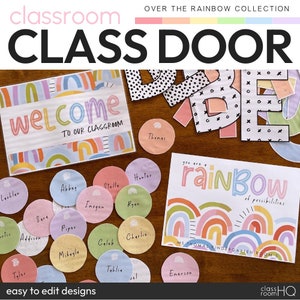 Pastel Modern Rainbow Editable Class Door Decorations + Bulletin Board ...