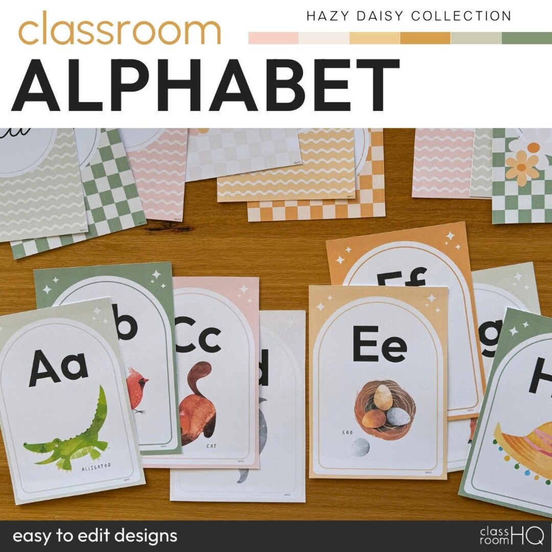 Vintage Retro Daisy Calm Classroom Theme Editable Alphabet Posters HAZY ...