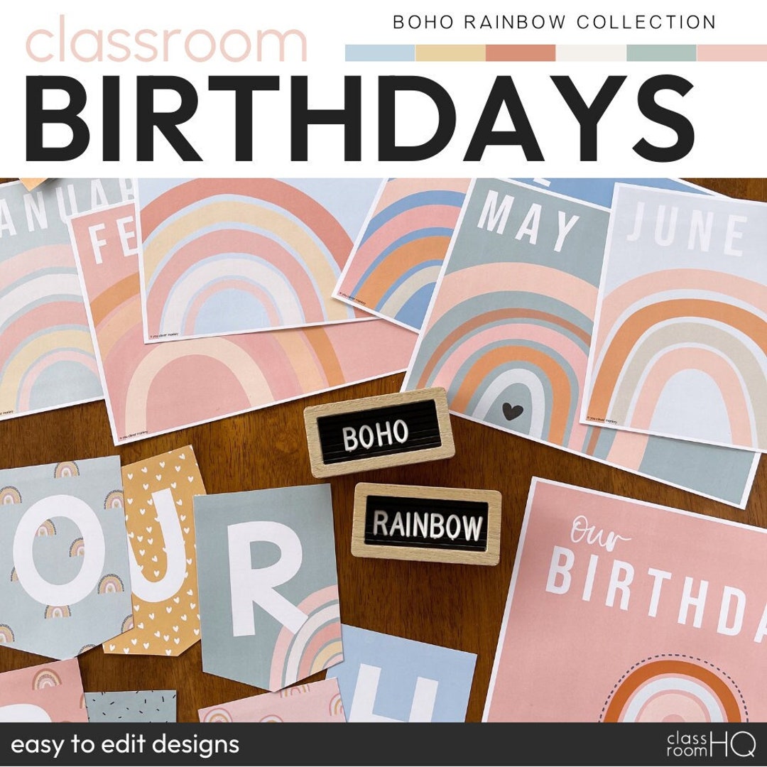 Modern Boho Rainbow Neutral Classroom Theme Editable Class Birthday ...