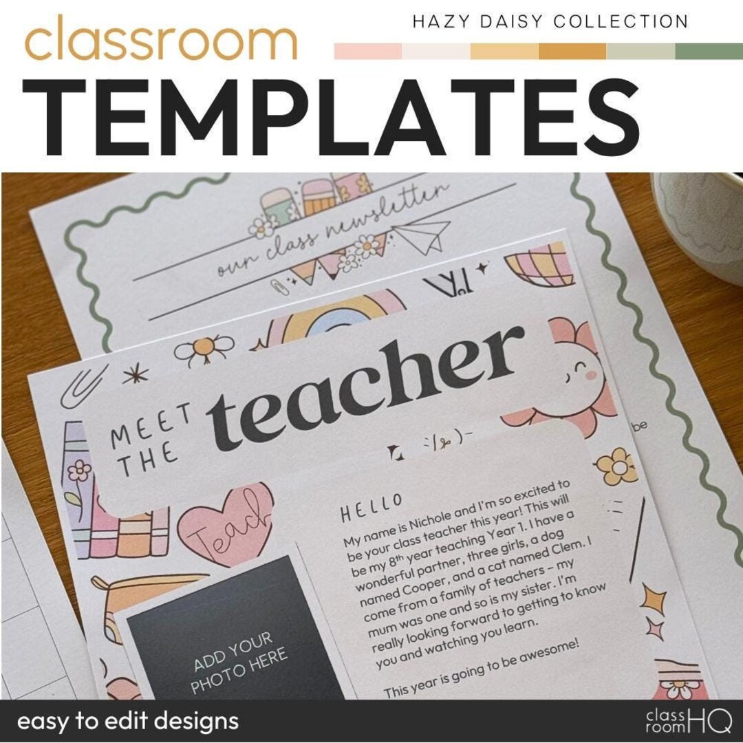 Calm Retro Daisy Editable Meet the Teacher Templates Classroom ...