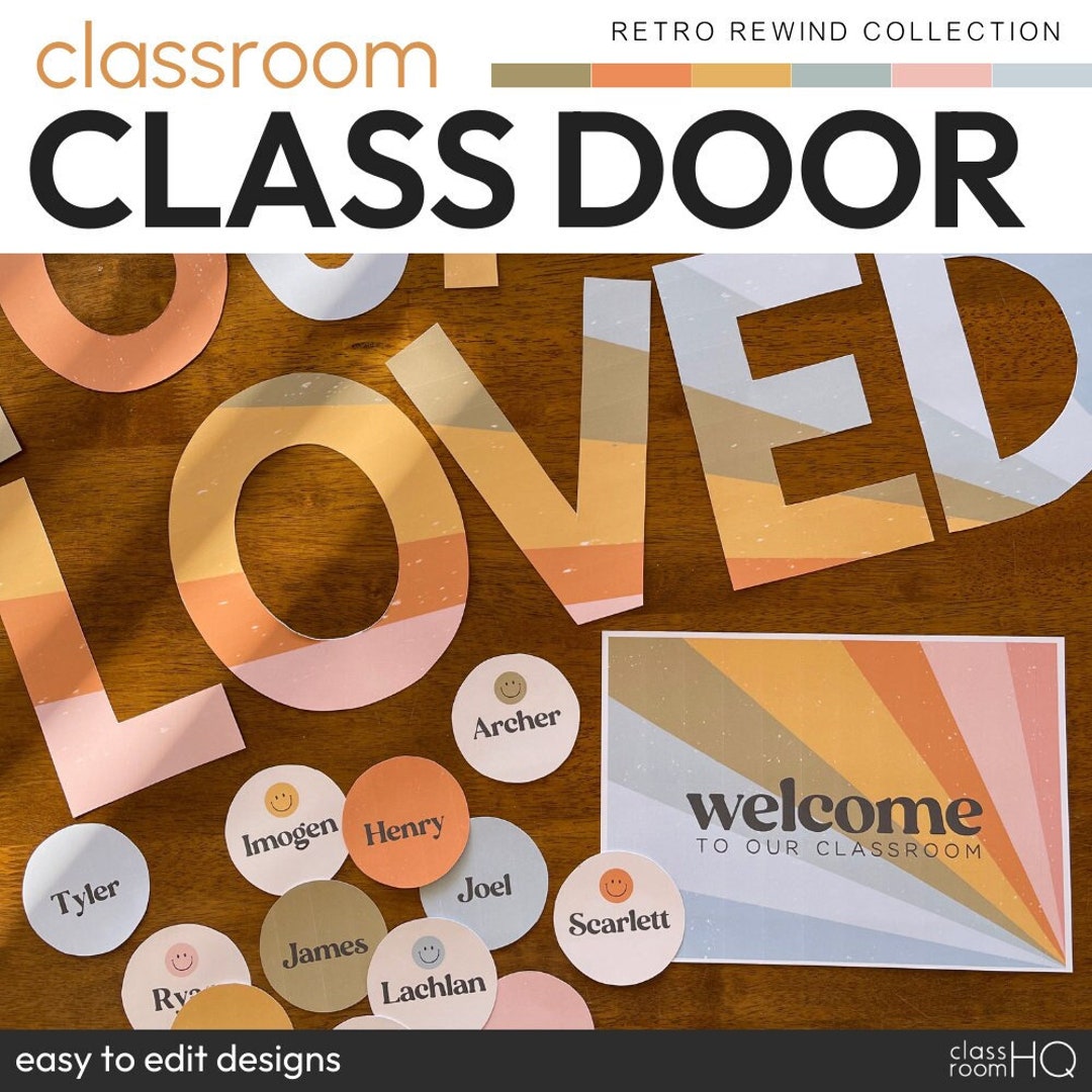 Retro Theme Vintage Rainbow Theme Editbale Class Door and Bulletin ...
