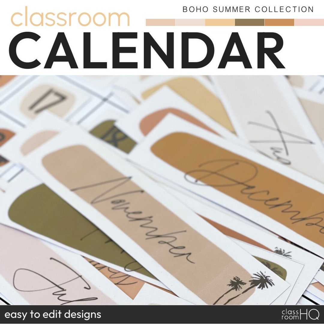 Modern Neutral Boho Theme Editable Large Class Wall Calendar Kit | BOHO ...