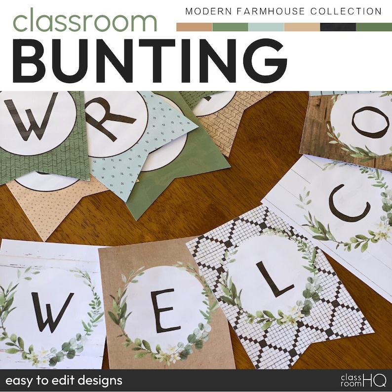 Botanical Greenery Theme Classroom Decor Class Bulletin Board Bunting ...