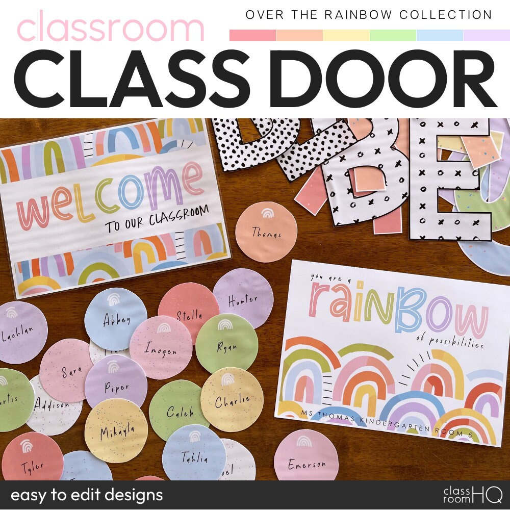 Pastel Modern Rainbow Editable Class Door Decorations + Bulletin Board ...