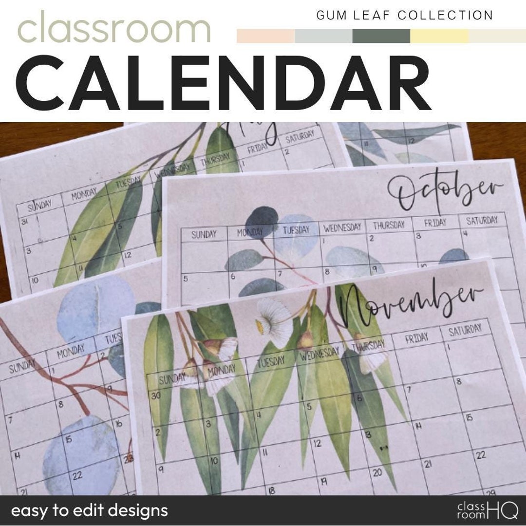 GUM LEAF Simple One Month to a Page Calendar | Eucalyptus Class Theme ...