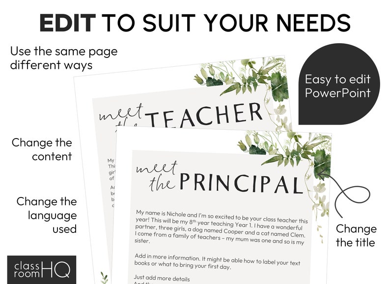 Botanical Greenery Theme Classroom Decor Editable Meet the Teacher ...