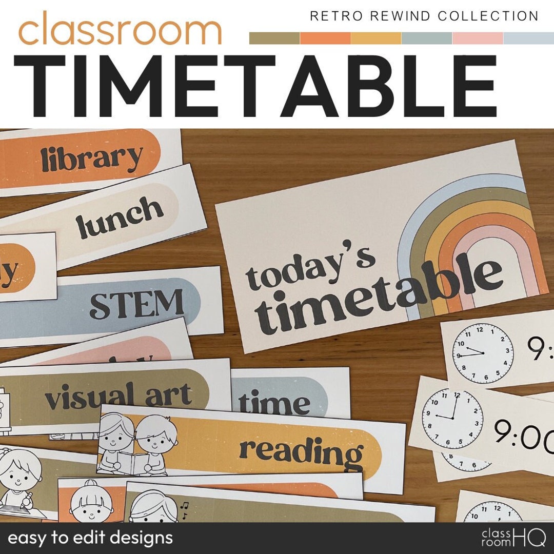 Retro Theme Vintage Rainbow Classroom Decor Visual Schedule Timetable ...