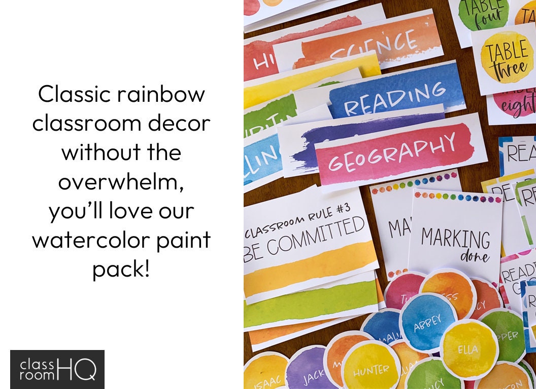 Watercolor Rainbow Theme Classroom Decor Class Labels + Signs Pack ...