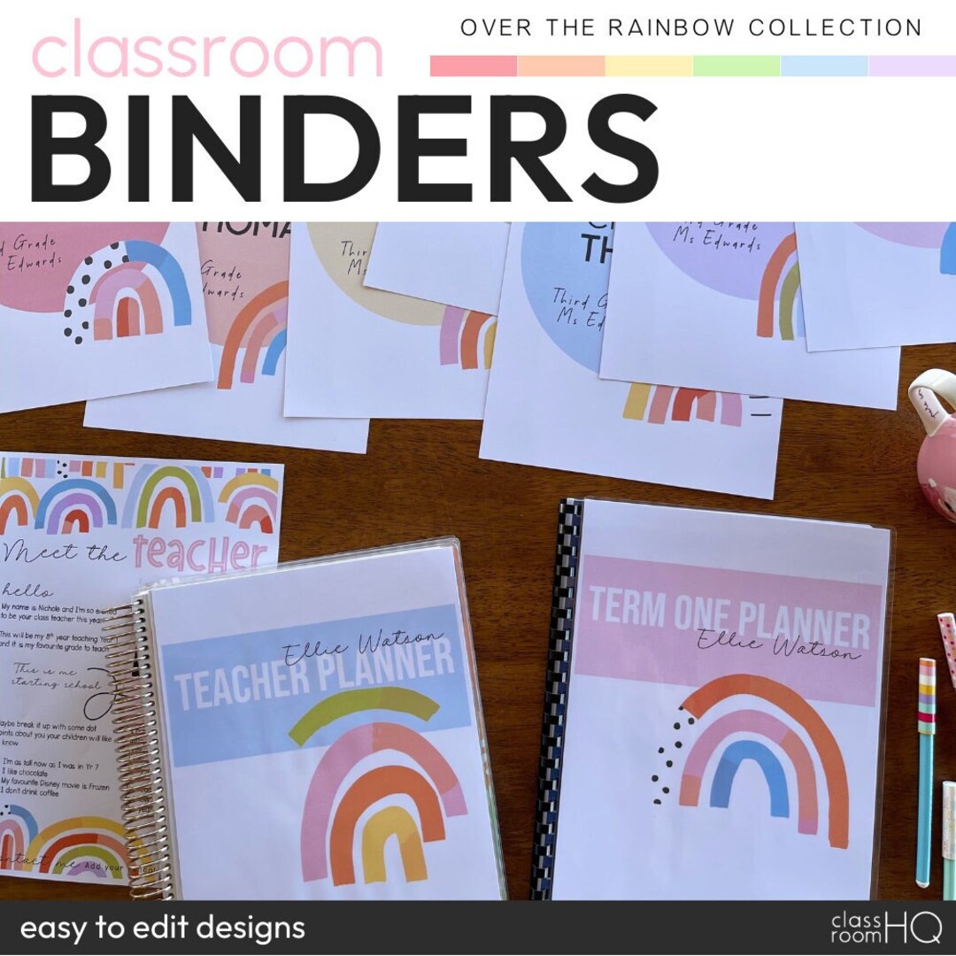 Pastel Modern Rainbow Classroom Decor Editable Binders Covers + Book ...