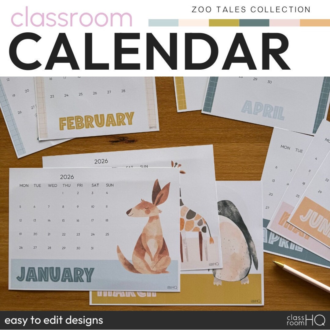 Wild Zoo Animal Theme Editable 1 Month to a Page Calendar ZOO TALES ...
