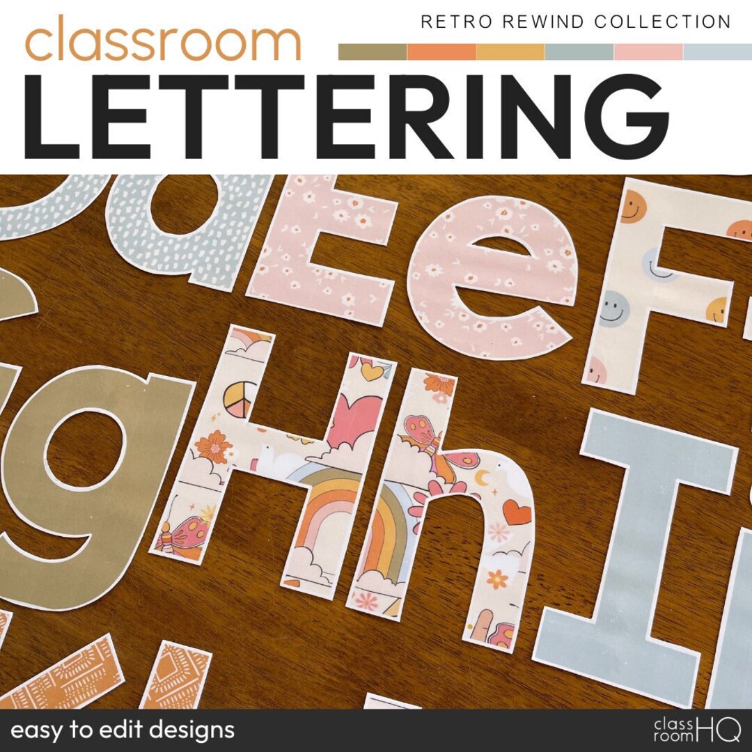 Retro Theme Vintage Rainbow Bulletin Board Letters Editable Lettering ...