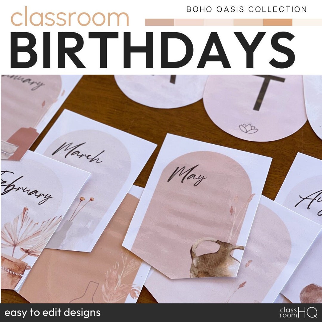Calm Classroom Neutral Theme Editable Class Birthday Bulletin Board ...