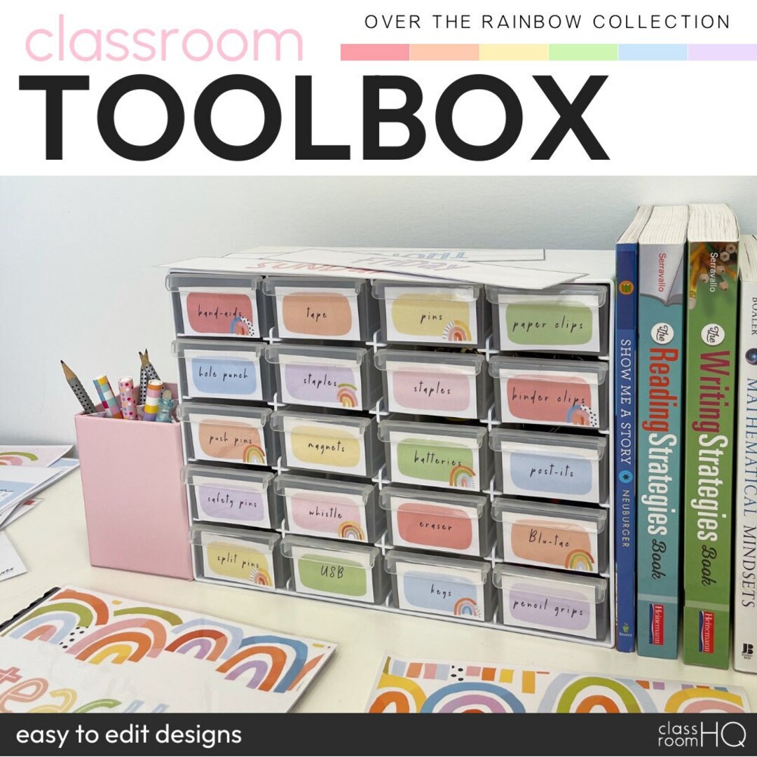 Pastel Modern Rainbow Classroom Decor Editable Teacher Toolbox Labels ...
