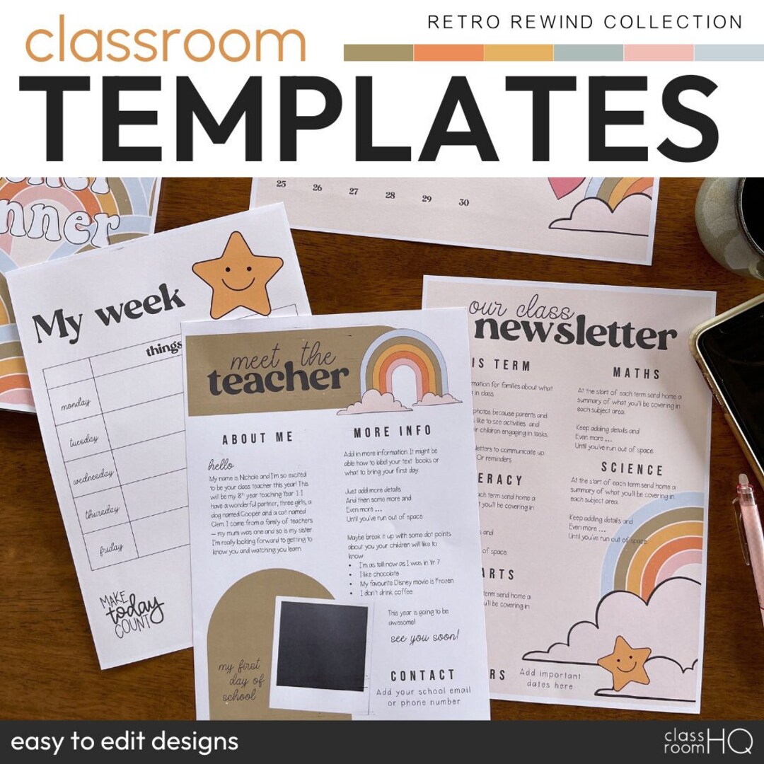 Retro Theme Vintage Rainbow Classroom Decor Editable Meet the Teacher ...