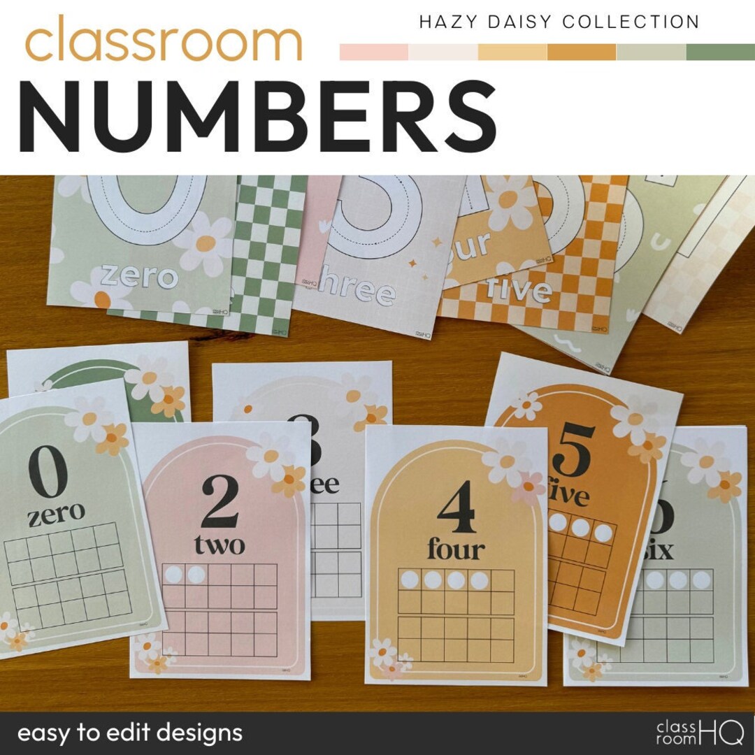 Vintage Retro Daisy Calm Classroom Theme Editable Number Posters HAZY ...
