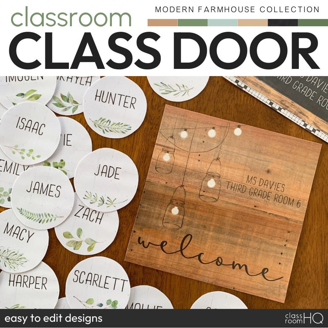 Farmhouse Botanical Greenery Theme Editable Class Door + Bulletin Board ...