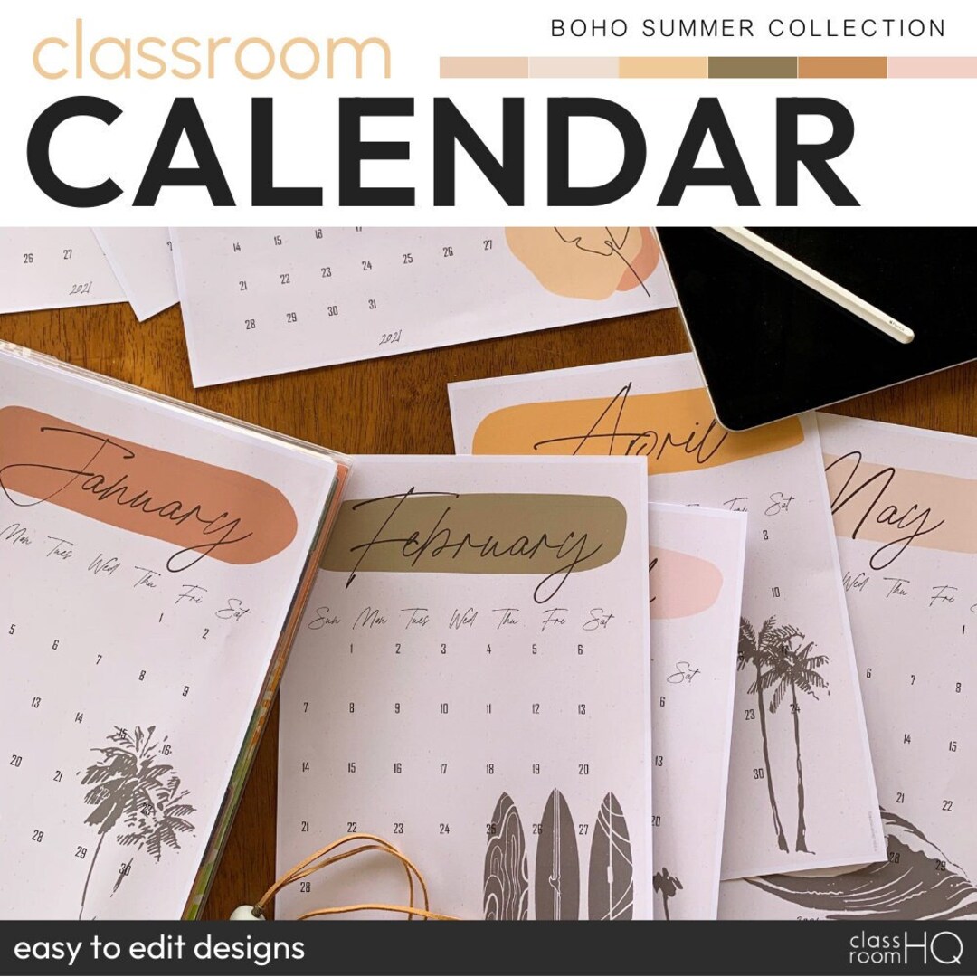 Modern Neutral Boho Theme Classroom Decor Editable Simple Month to a ...