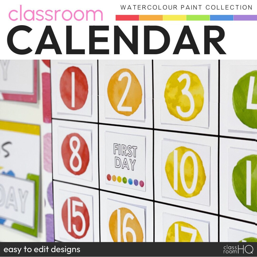 Watercolor Rainbow Theme Classroom Decor Large Classroom Calendar Pack ...