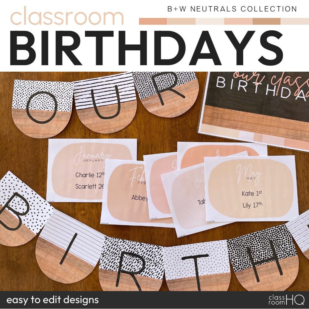 Neutral Classroom Theme Editable Class Birthday Bulletin Board Display ...