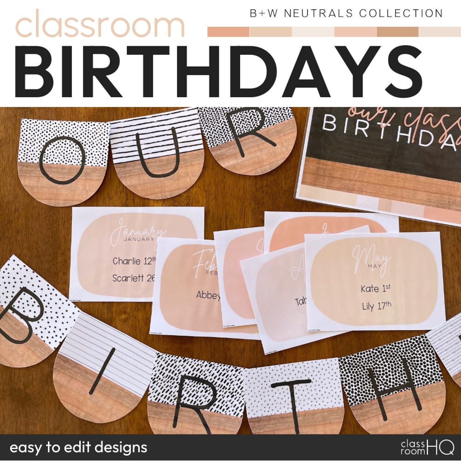 Neutral Classroom Theme Editable Class Birthday Bulletin Board Display ...