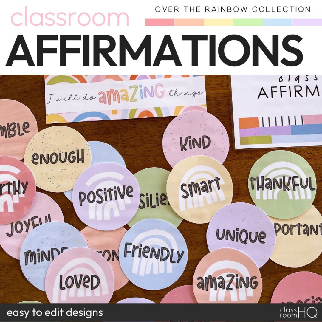 Pastel Modern Rainbow Classroom Decor Editable Affirmation Station Pack ...