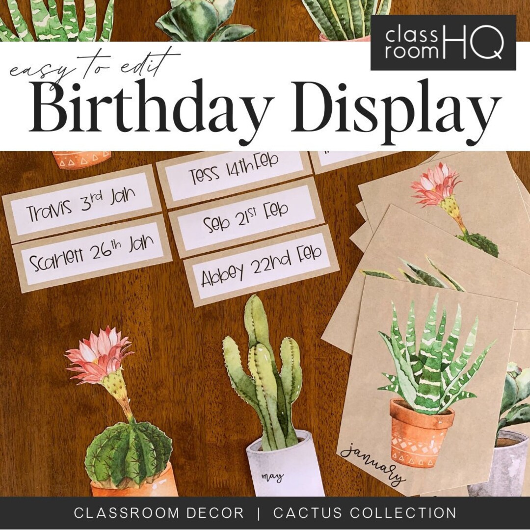 Cactus Classroom Theme Calm Editable Class Birthday Bulletin Board ...