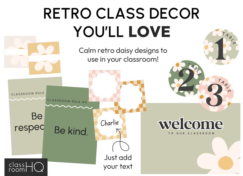 Vintage Retro Daisy Calm Classroom Theme Editable Class Labels, Signs ...