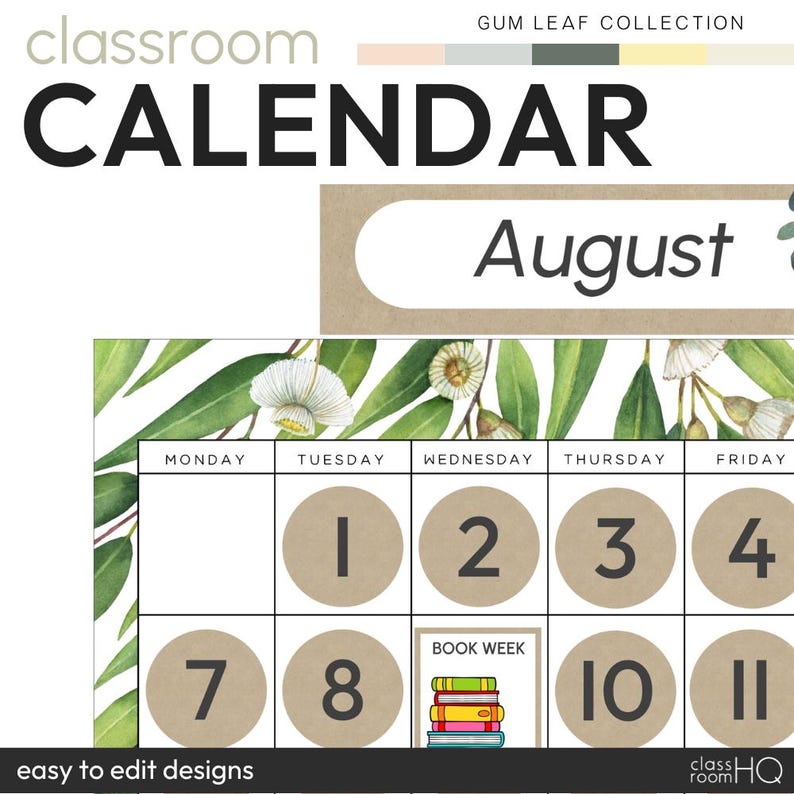 Australian Eucalyptus Theme Editable Large Class Calendar GUM LEAF ...