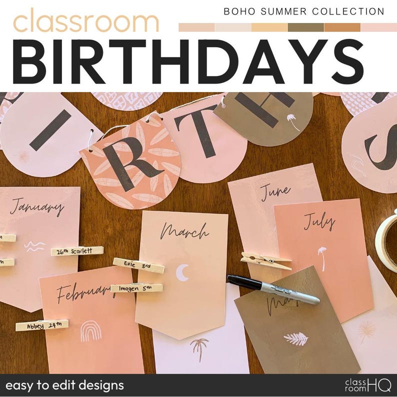 Modern Neutral Boho Theme Editable Class Birthday Bulletin Board ...