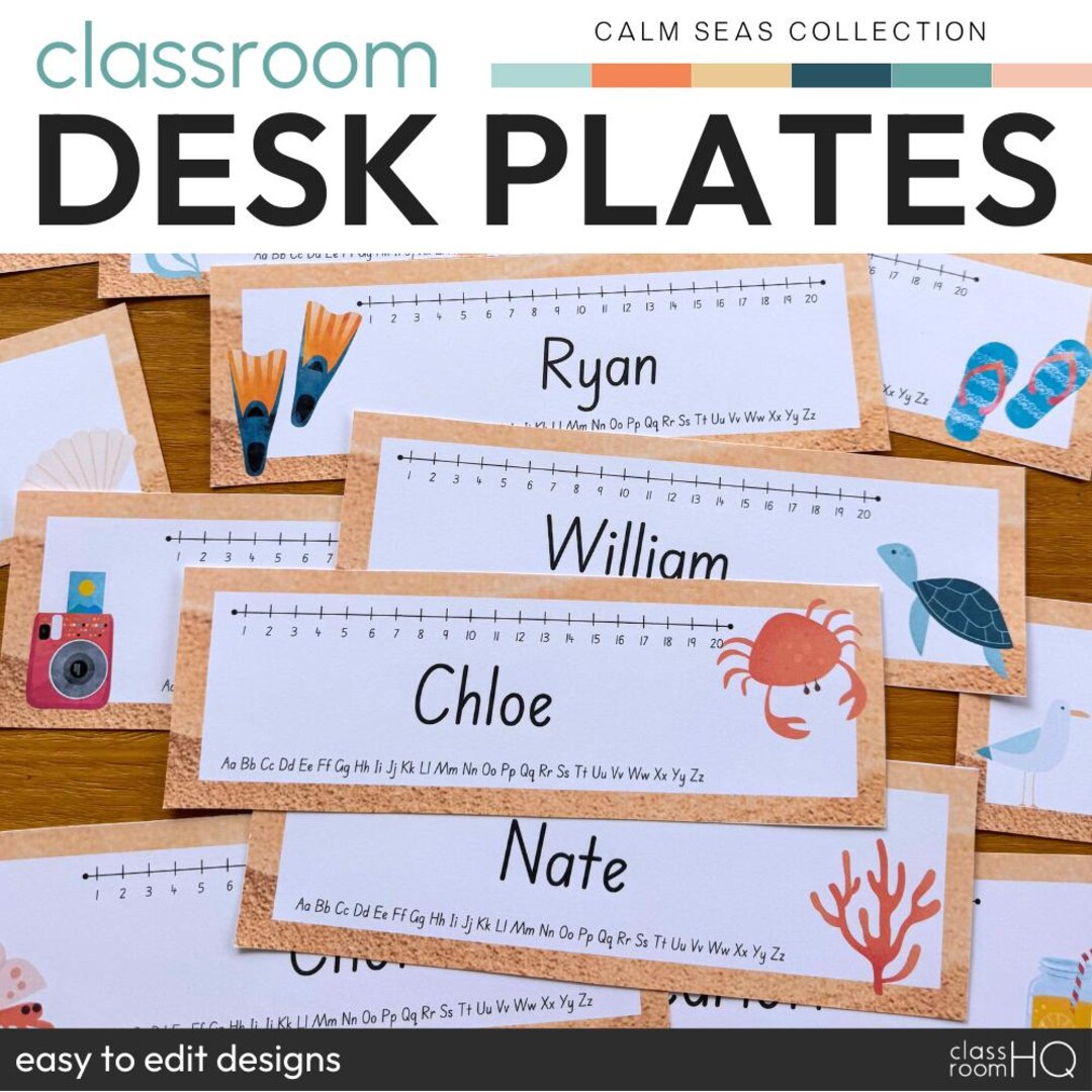 Editable Student Desk Plate Classroom Labels Beach Theme CALM SEAS ...