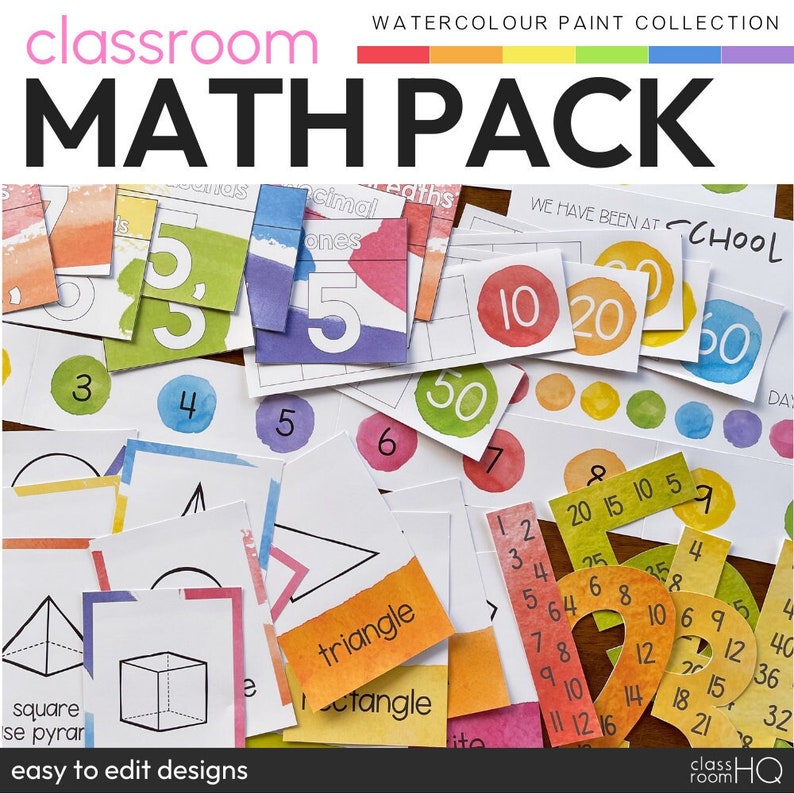 Watercolor Rainbow Theme Classroom Decor Editable Math Display ...