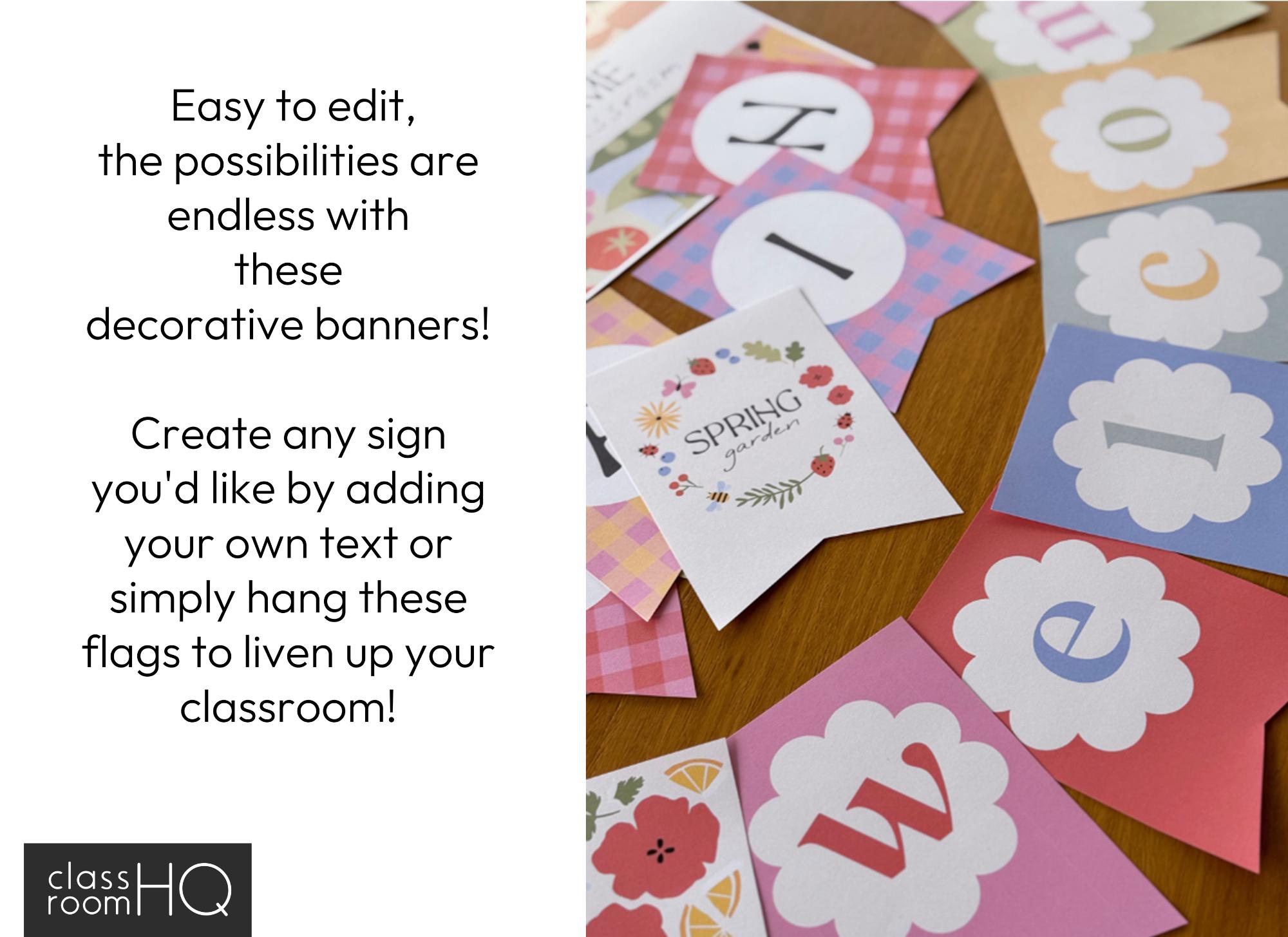 Editable Bulletin Board Bunting Flags | SPRING GARDEN Classroom Decor ...