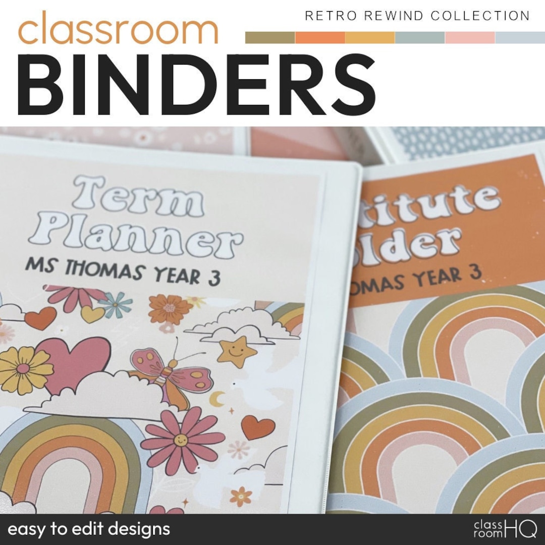 Retro Theme Vintage Rainbow Classroom Decor Editable Binder Covers ...