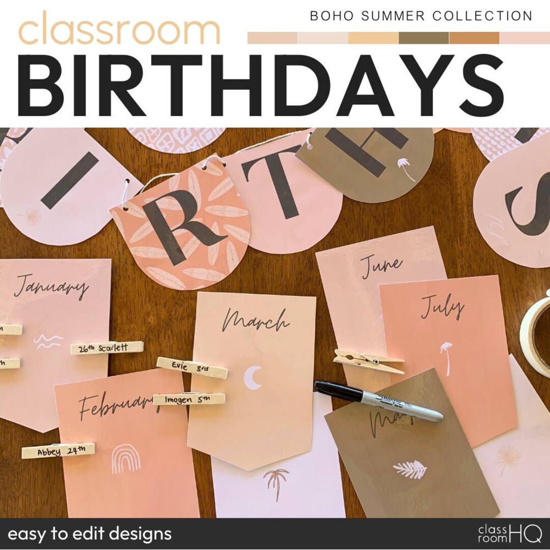 Modern Neutral Boho Theme Editable Class Birthday Bulletin Board ...