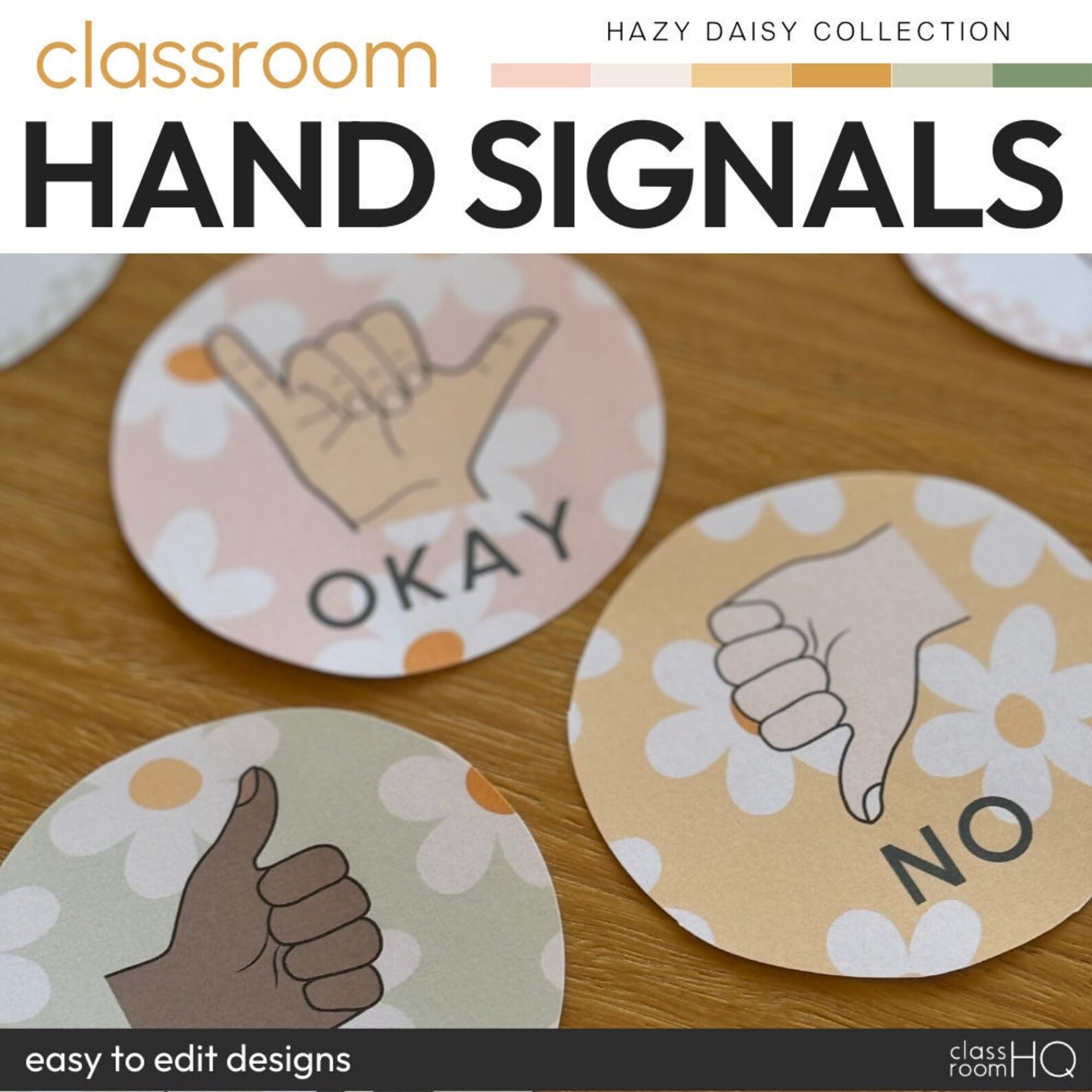 Vintage Retro Daisy Calm Classroom Theme Editable Hand Signal Posters ...