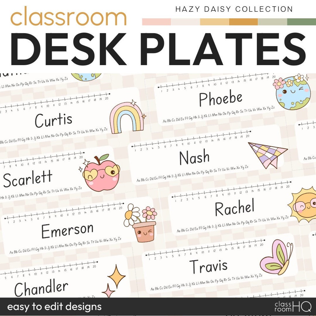 Vintage Retro Daisy Theme Editable Student Desk Plates HAZY DAISY ...