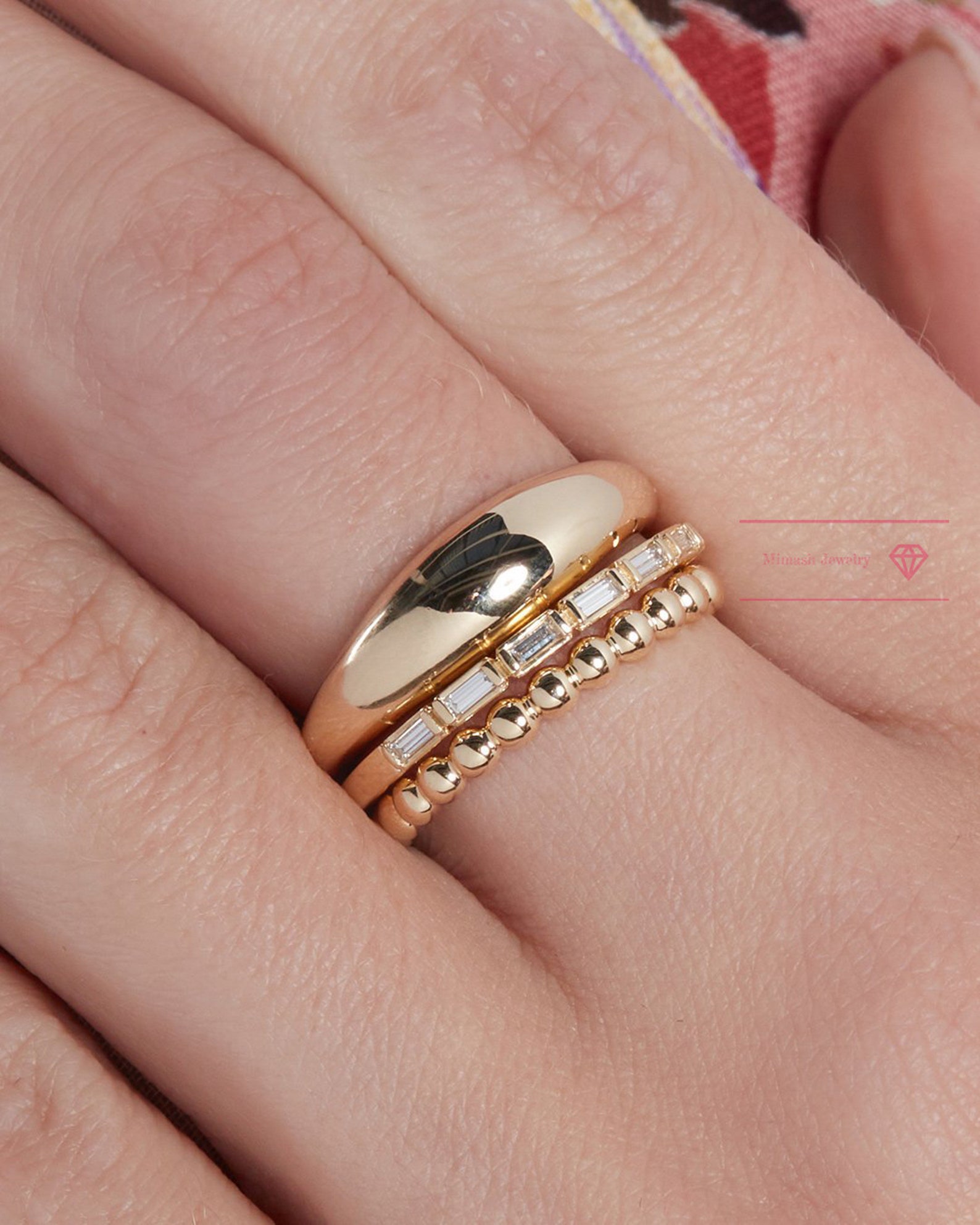 Thin Beaded Solid Gold Ring 14K Solid Gold Stacking Ring - Etsy