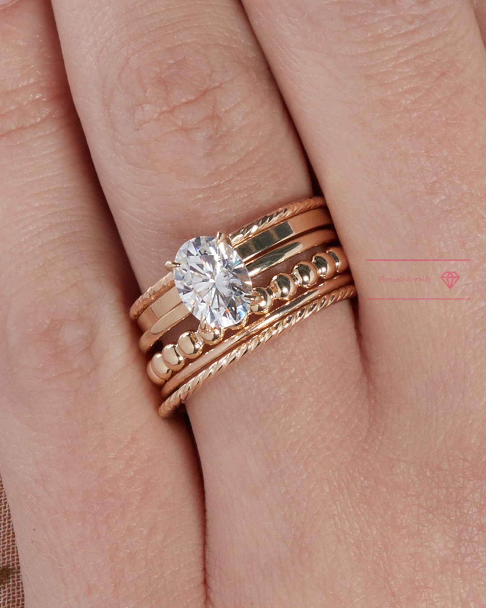 Thin Beaded Solid Gold Ring 14K Solid Gold Stacking Ring - Etsy