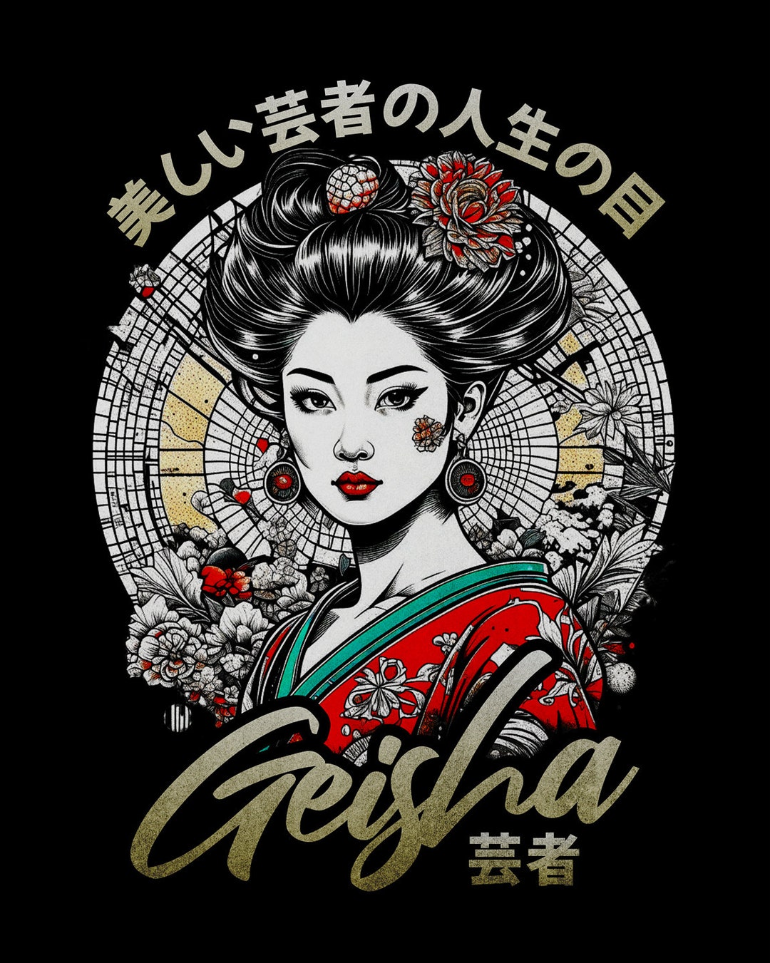 Geisha T-shirt Design Template, Japanese Art Graphic Tee Mockup, Unisex ...