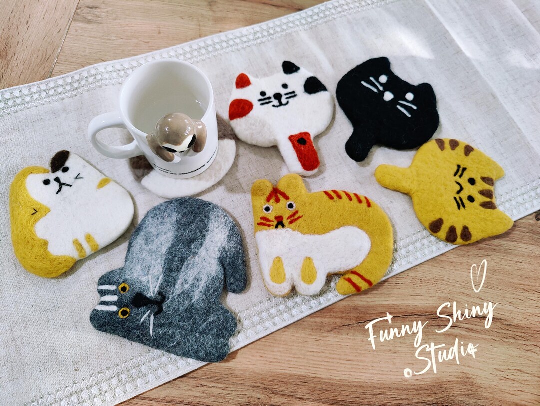 Wool Felt Animals Coaster. Handmade Cat Mug Rugs. - Etsy
