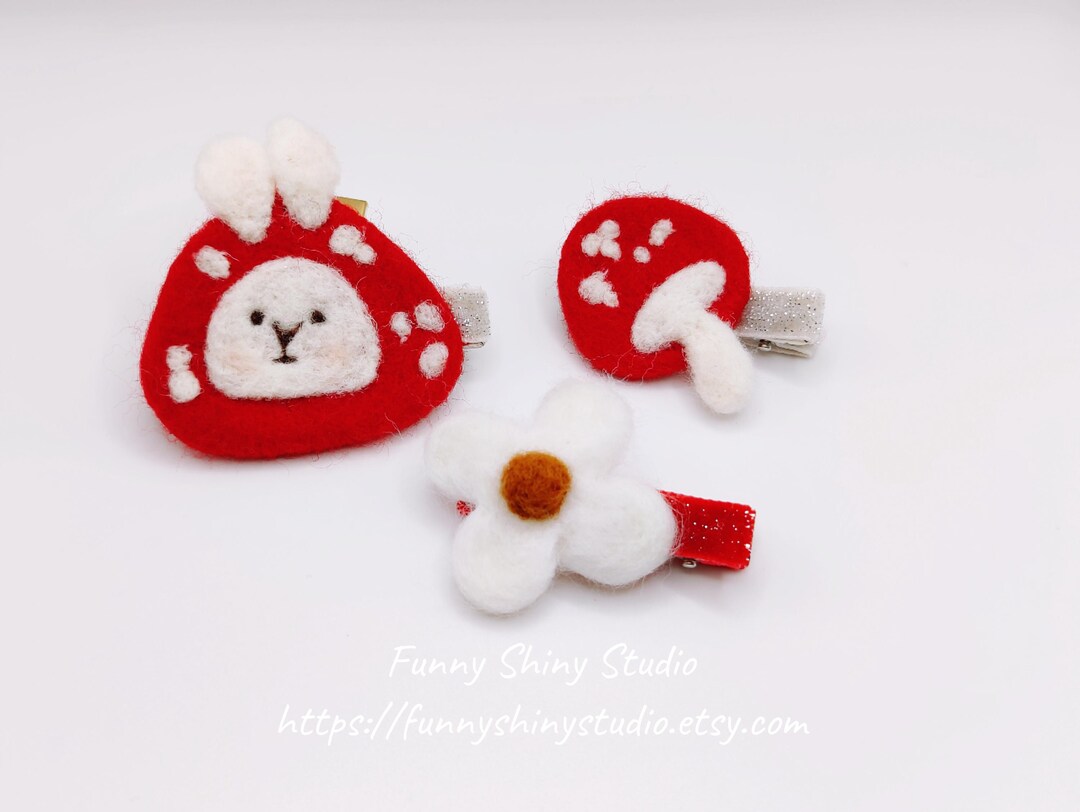 Wool Felt Bunny Mushroom Flower Velvet Full Lined Hair Clips Set. Set ...