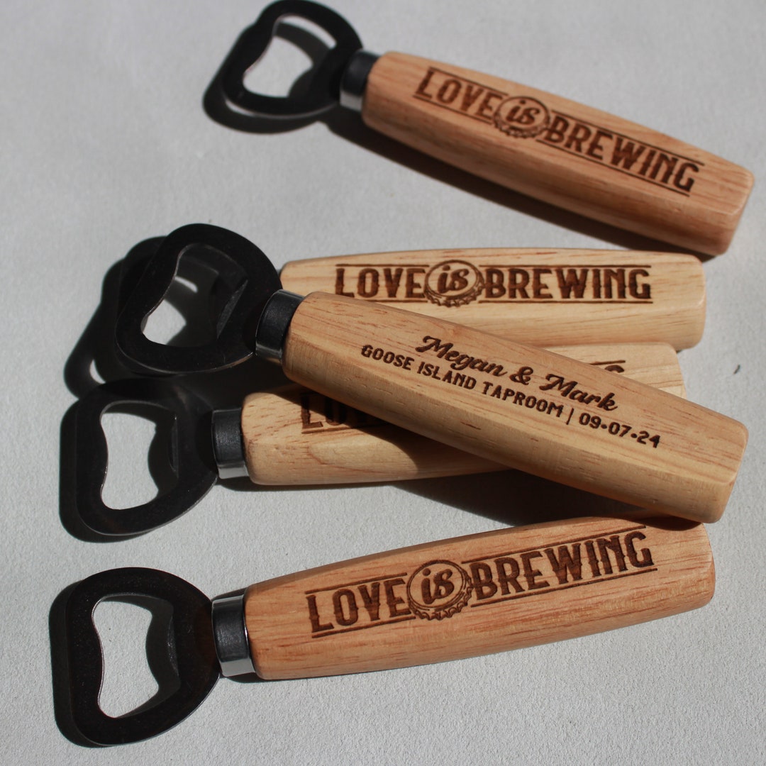 Custom Wedding Bottle Opener - Love is Brewing Design, Engraved Wood - Etsy