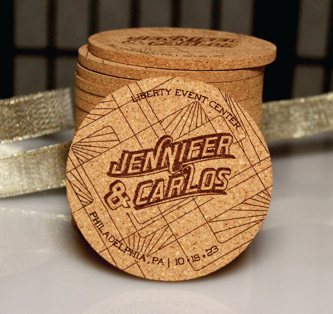 Art Deco Wedding Favor Coasters - Vintage, Custom Engraved Cork Coaster ...