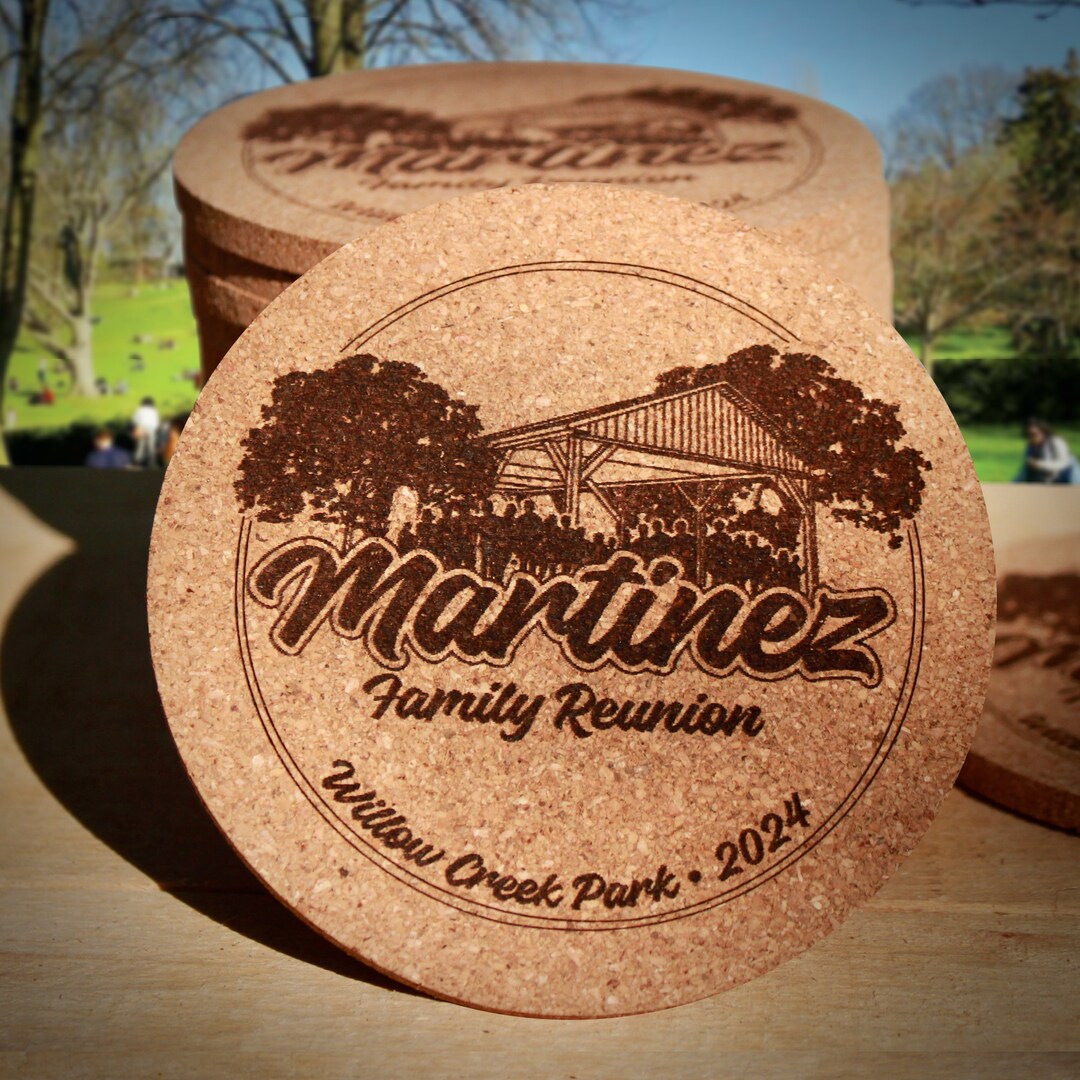 Family Reunion Engraved Cork Coasters - 4 Inch Circular, Personalized ...