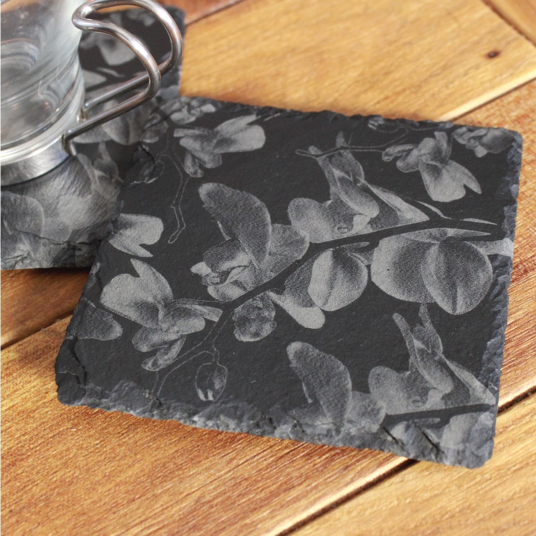 Engraved Orchid Slate Coasters: Floral Nature Design, Slip Resistant - Etsy