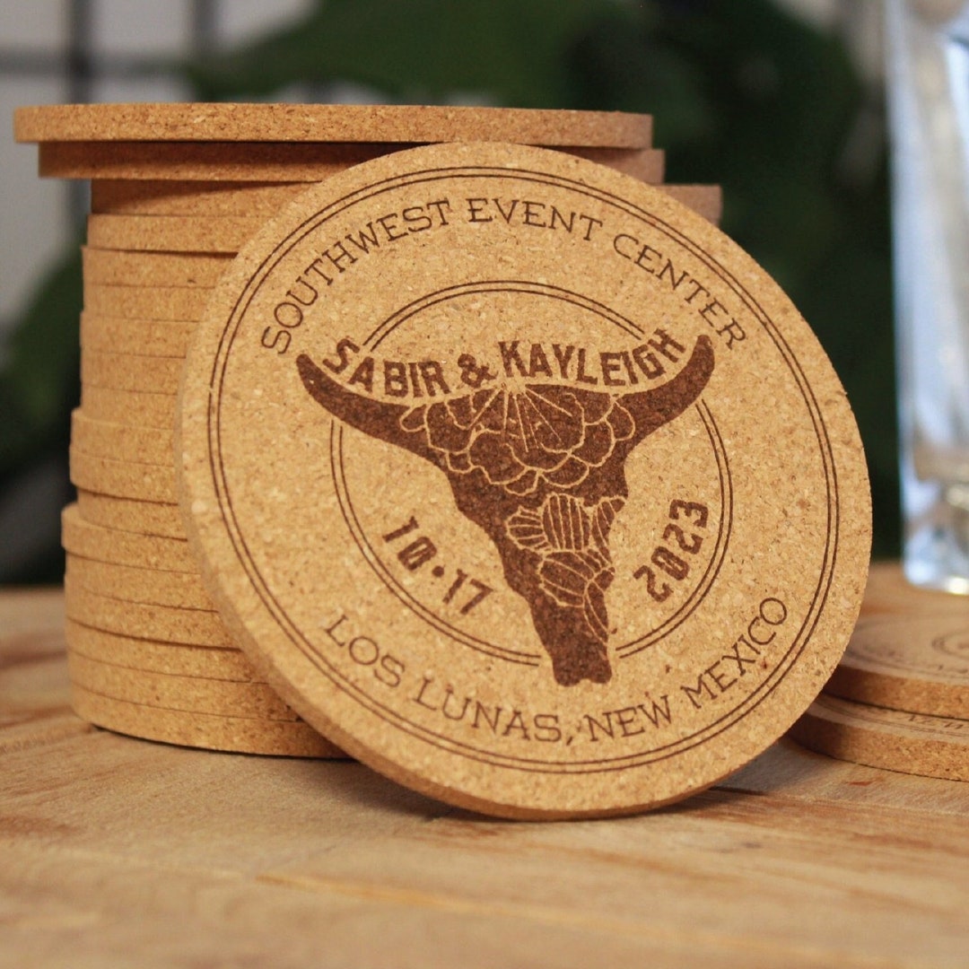 Engraved Cork Coasters – Southwestern Wedding Favors, Steer Skull - Etsy