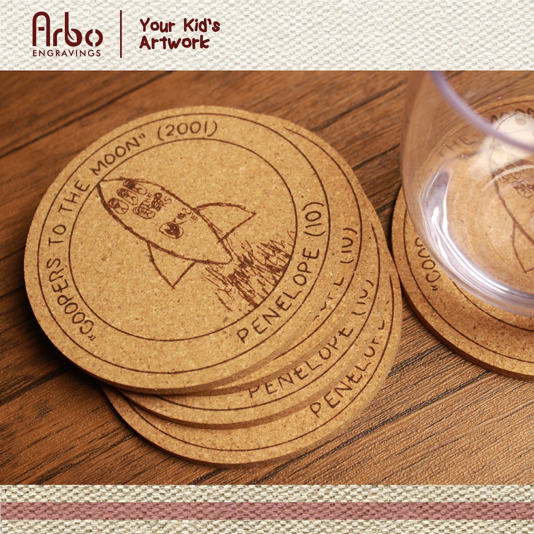 Engraved Kid's Artwork Coasters – Personalized Cork Gift Set - Etsy