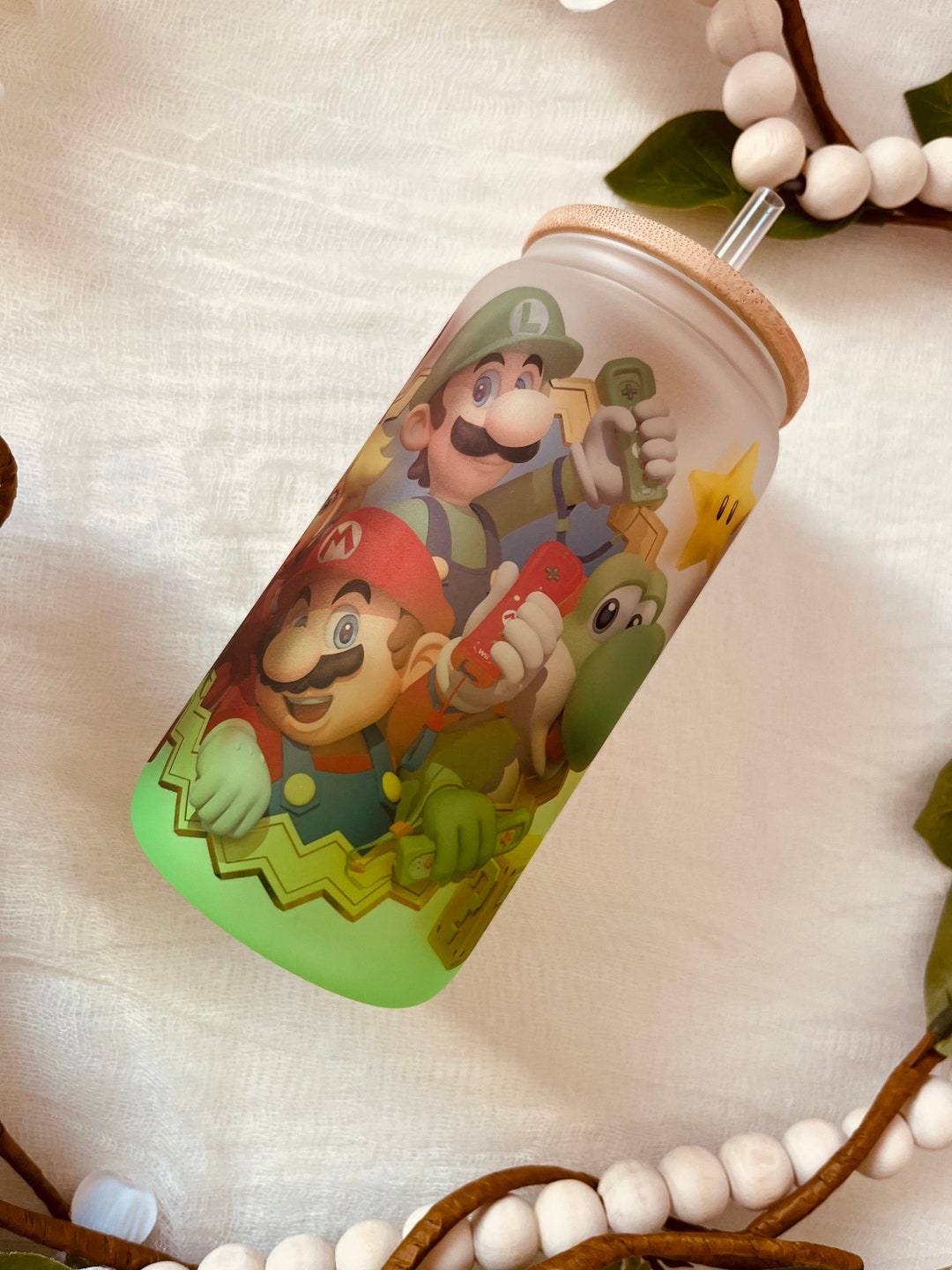 Personalized Mario Bros Glass Can - Etsy